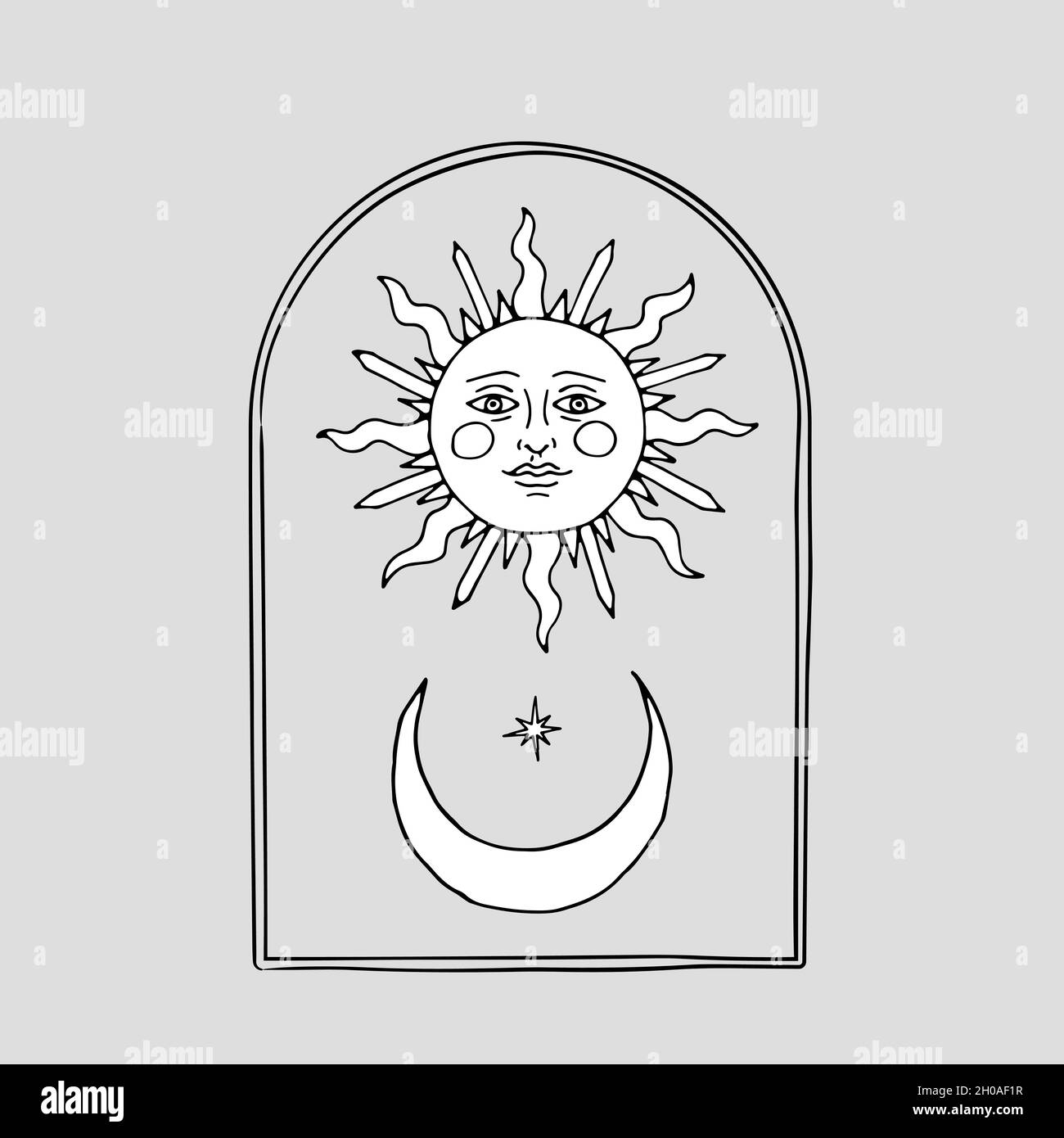 Vintage Mystic Sun and half Moon illustration with decorative arch ...