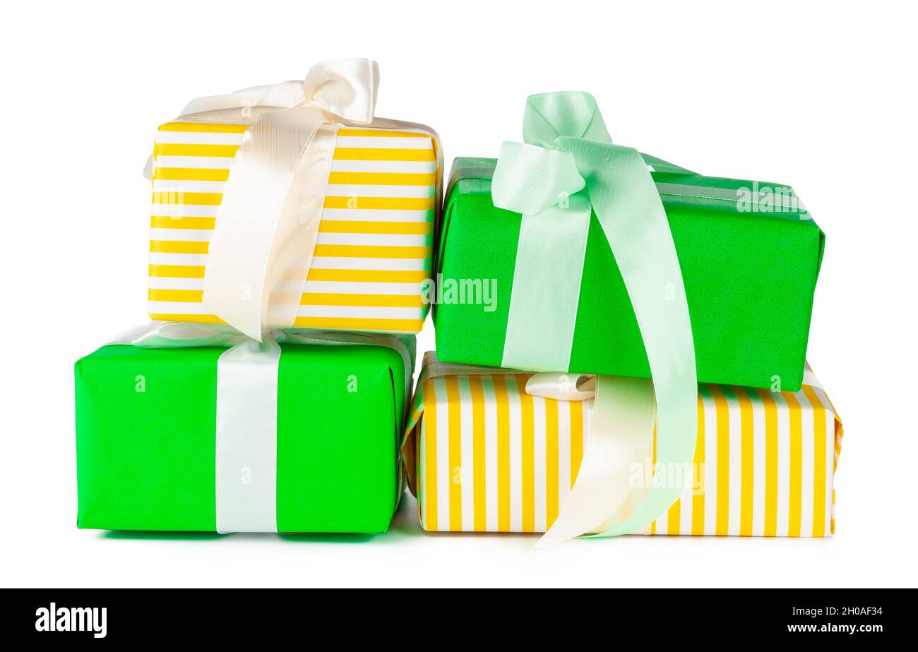 Colorful stacked gift boxes isolated on white background Stock Photo ...