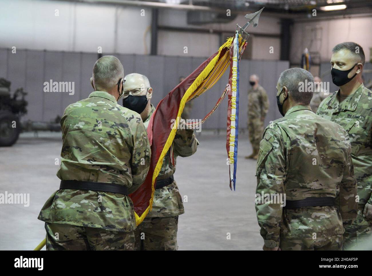 Indiana National Guard Maj. Gen. Timothy Thombleson, right, receives ...