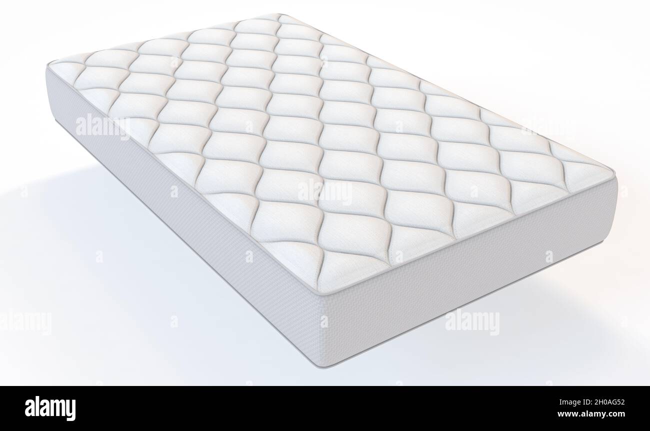 A simple white bed mattress with a decorative topping and fabric sides ...