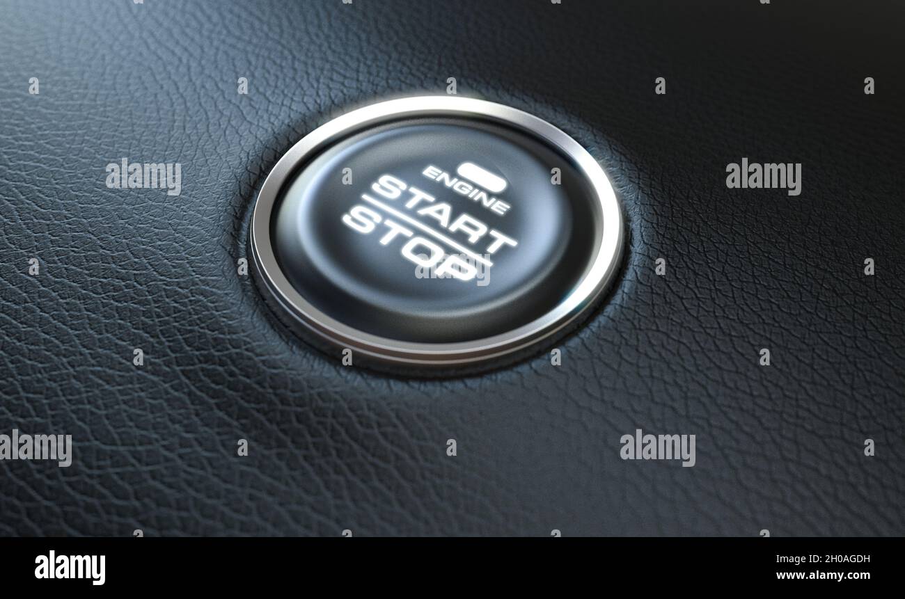 A closeup of a modern car start and stop button on a black leather ...
