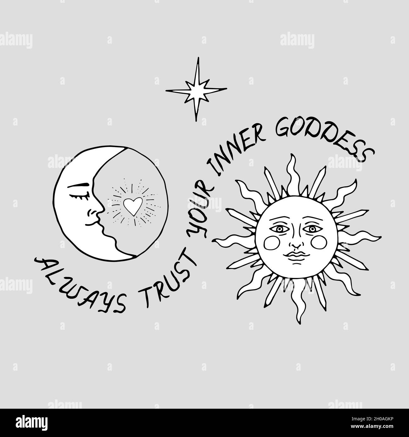 Vintage Mystic Kissing Sun and Moon Illustration with Lettering Stock ...