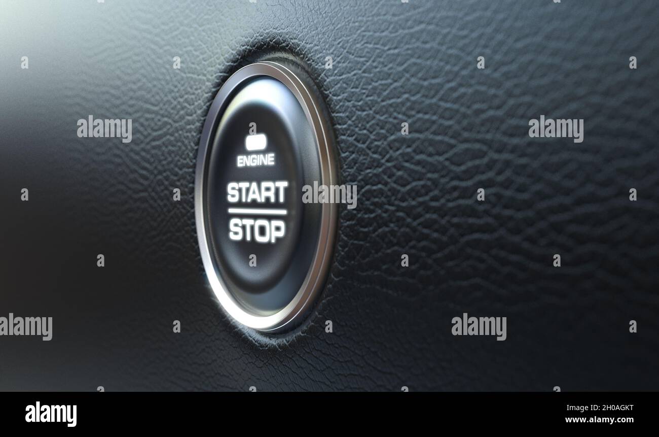 A closeup of a modern car start and stop button on a black leather ...