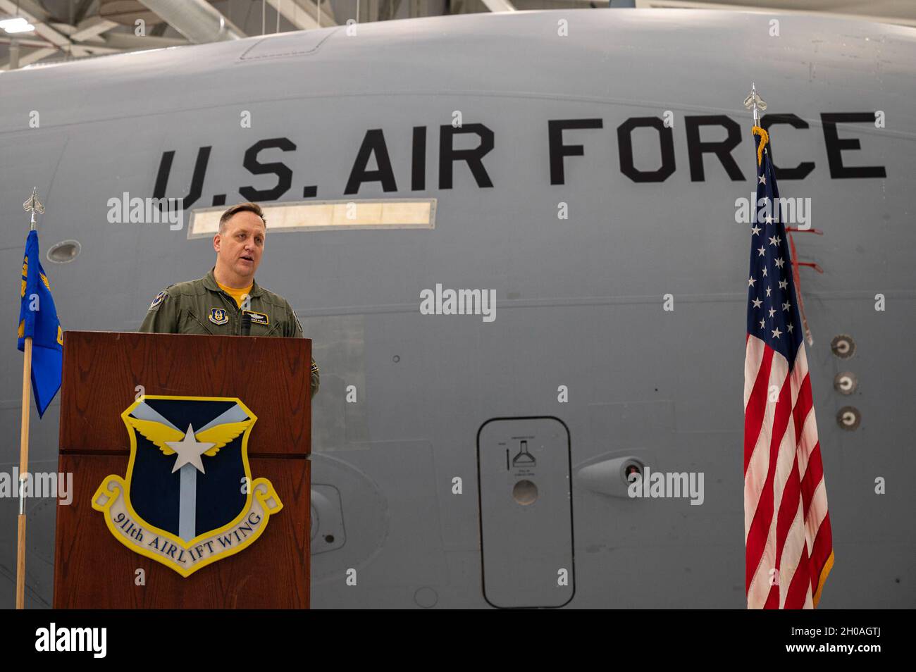 Lt. Col. Bryan Bailey, 911th Operations Group commander, speaks during ...
