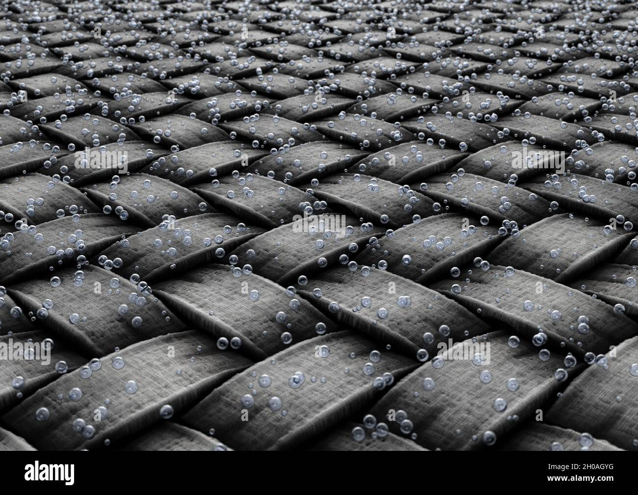 A microscopic view of a simple woven textile fabric and water bubbles ...