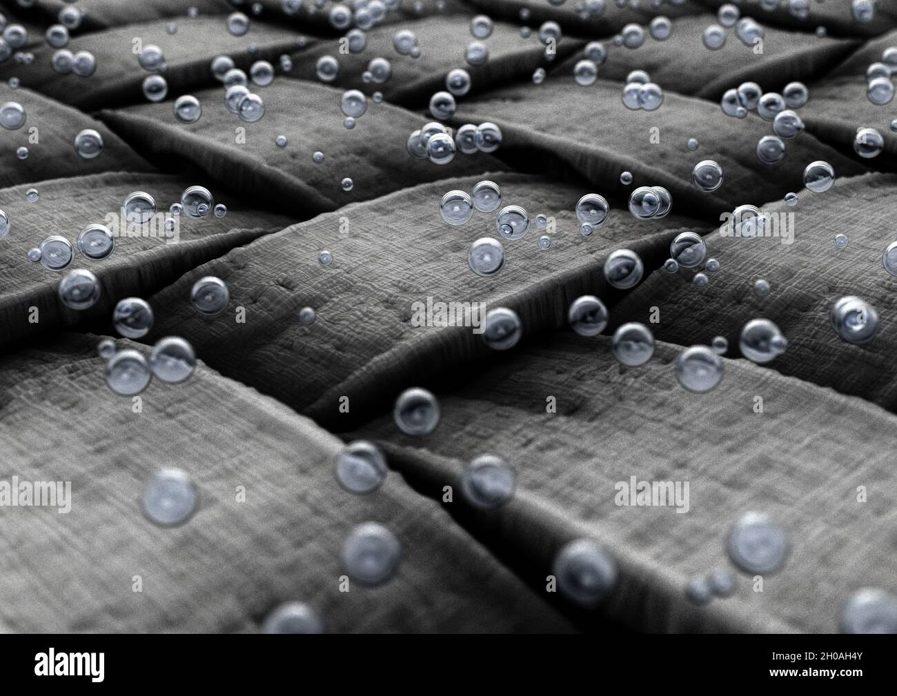 A microscopic view of a simple woven textile fabric and water bubbles ...