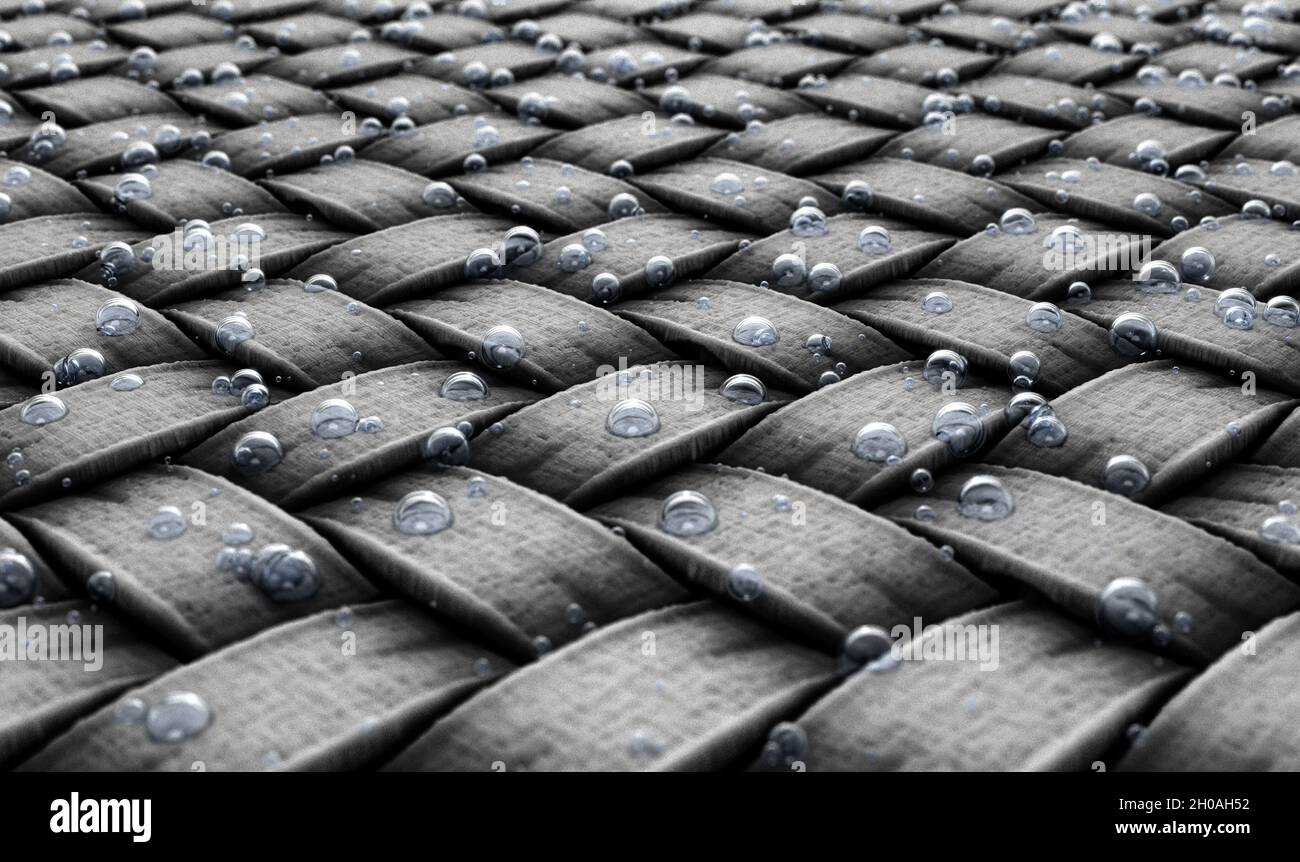 A microscopic view of a simple woven textile fabric and water bubbles ...