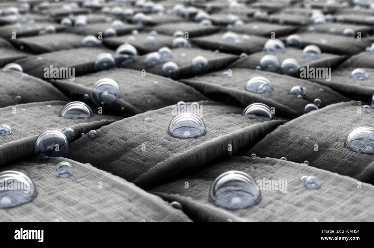 A microscopic view of a simple woven textile fabric and water bubbles ...