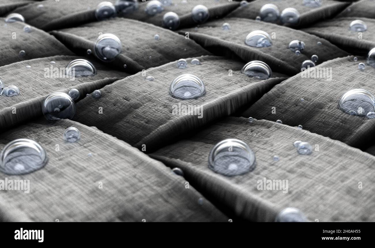 A microscopic view of a simple woven textile fabric and water bubbles ...