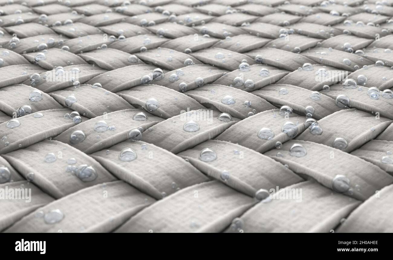 A microscopic view of a simple woven textile fabric and water bubbles ...