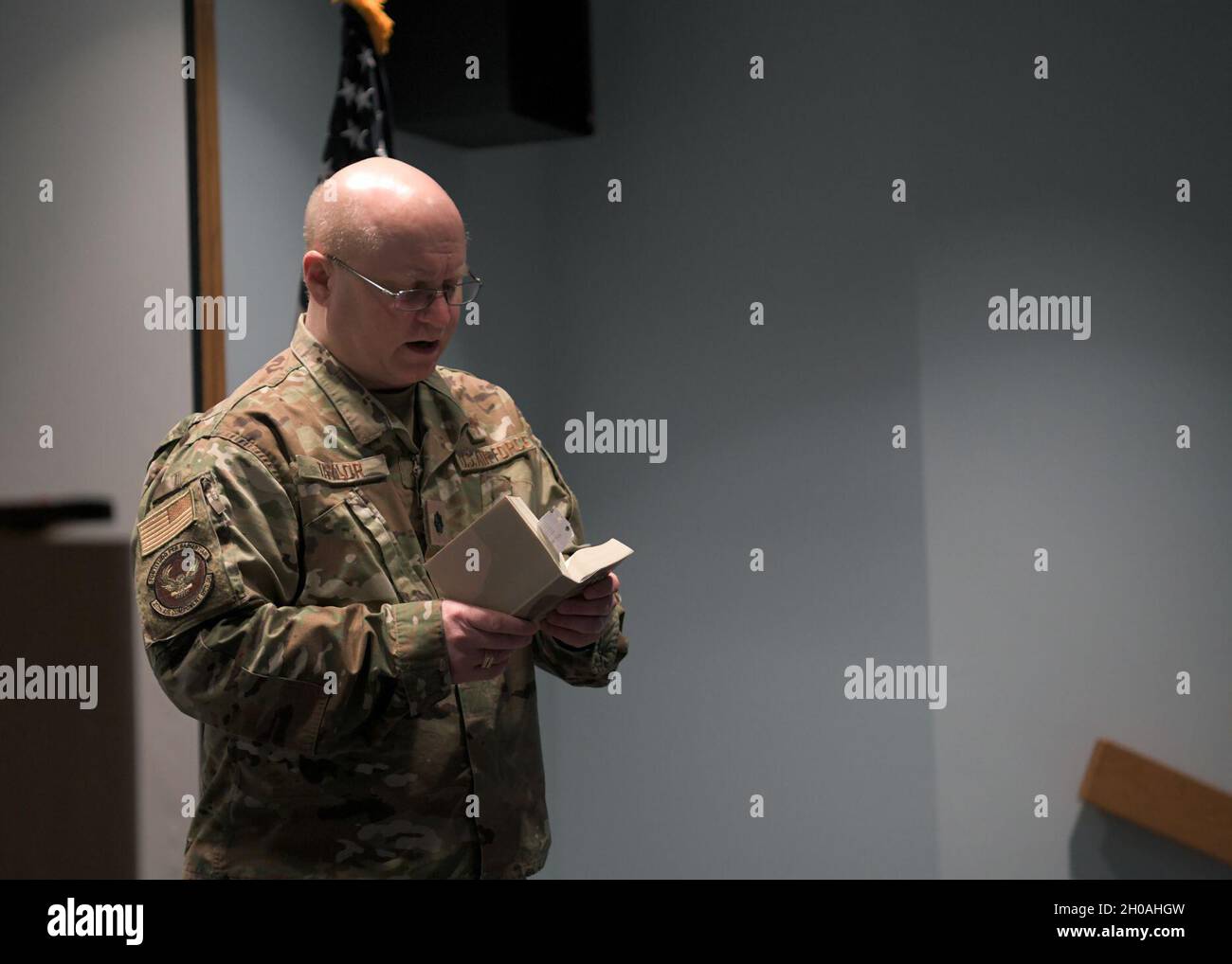 Lt. Col. Kurt Taylor, 110th Wing Staff Agency Chaplain, speaks at ...
