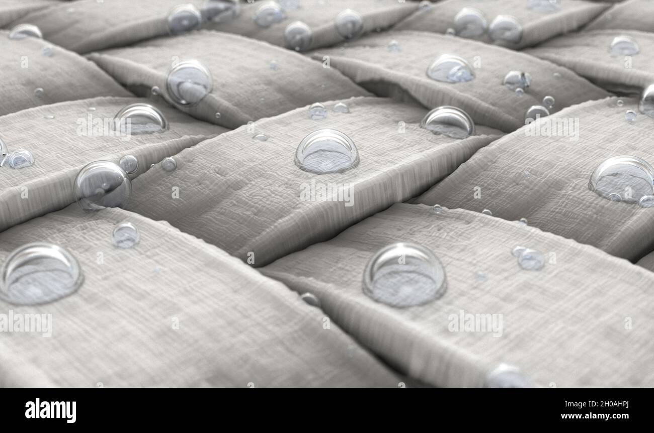 A microscopic view of a simple woven textile fabric and water bubbles ...