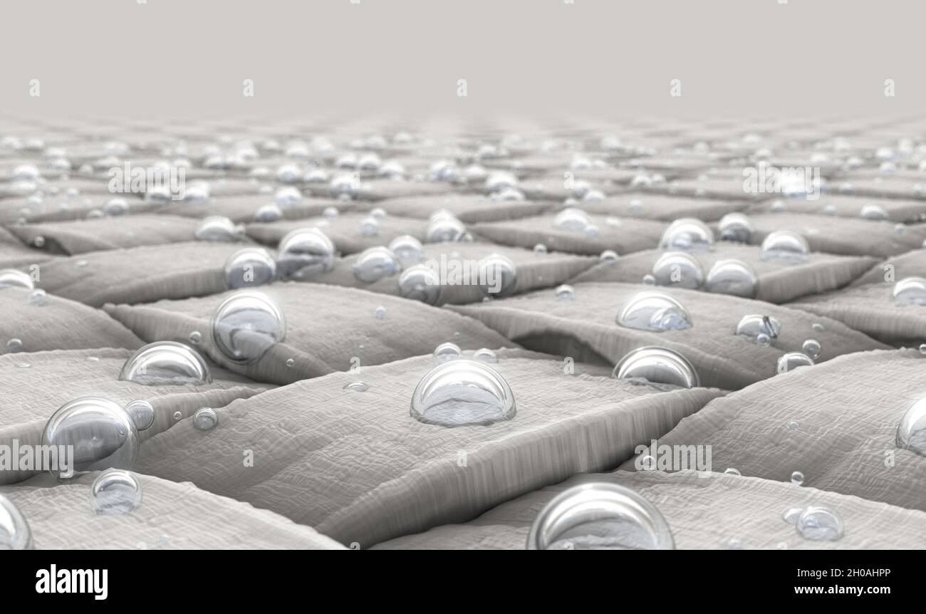 A microscopic view of a simple woven textile fabric and water bubbles ...