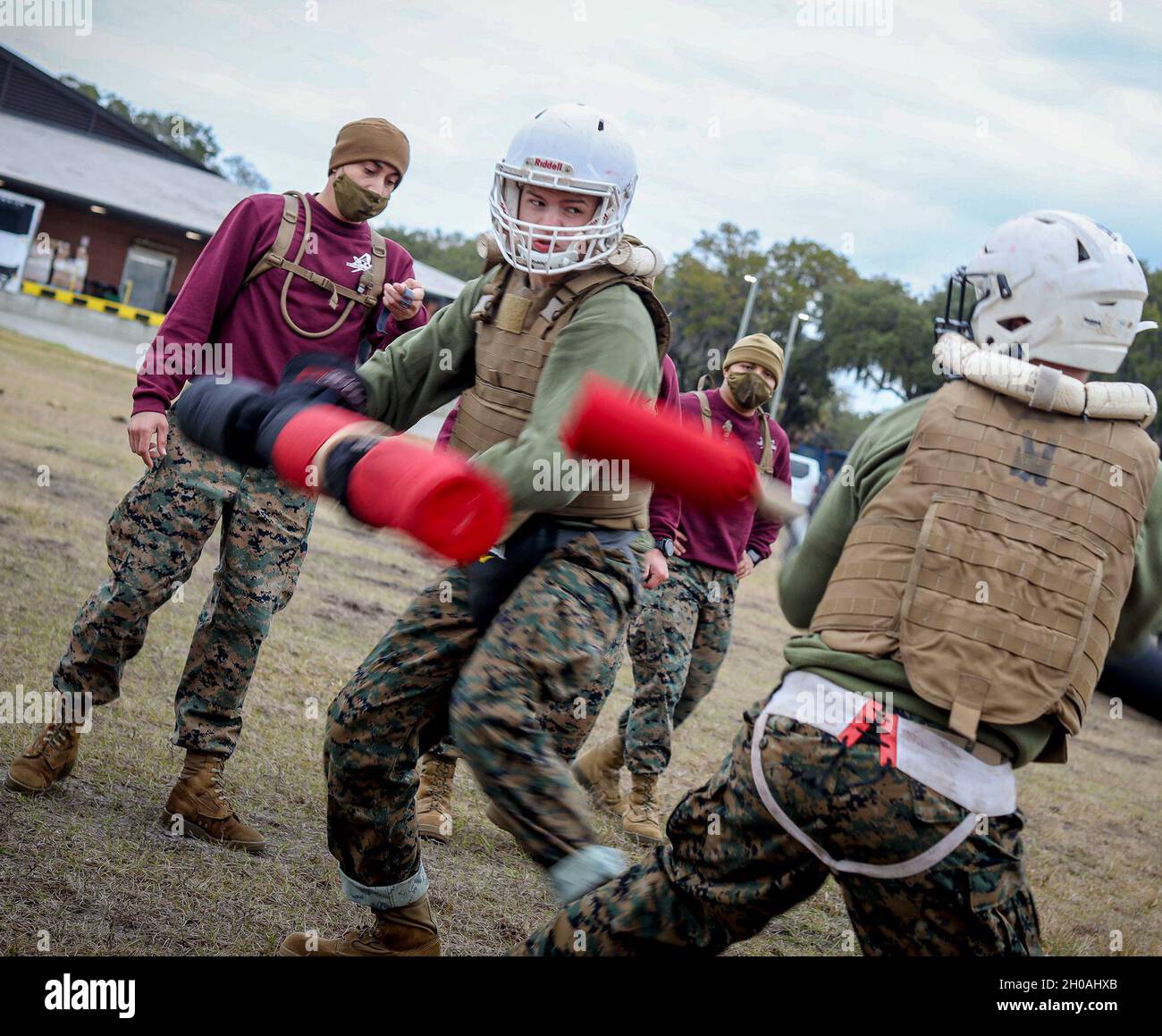Recruits with Papa Company, 4th Recruit Training Battalion, conduct pugil sticks bouts aboard ...