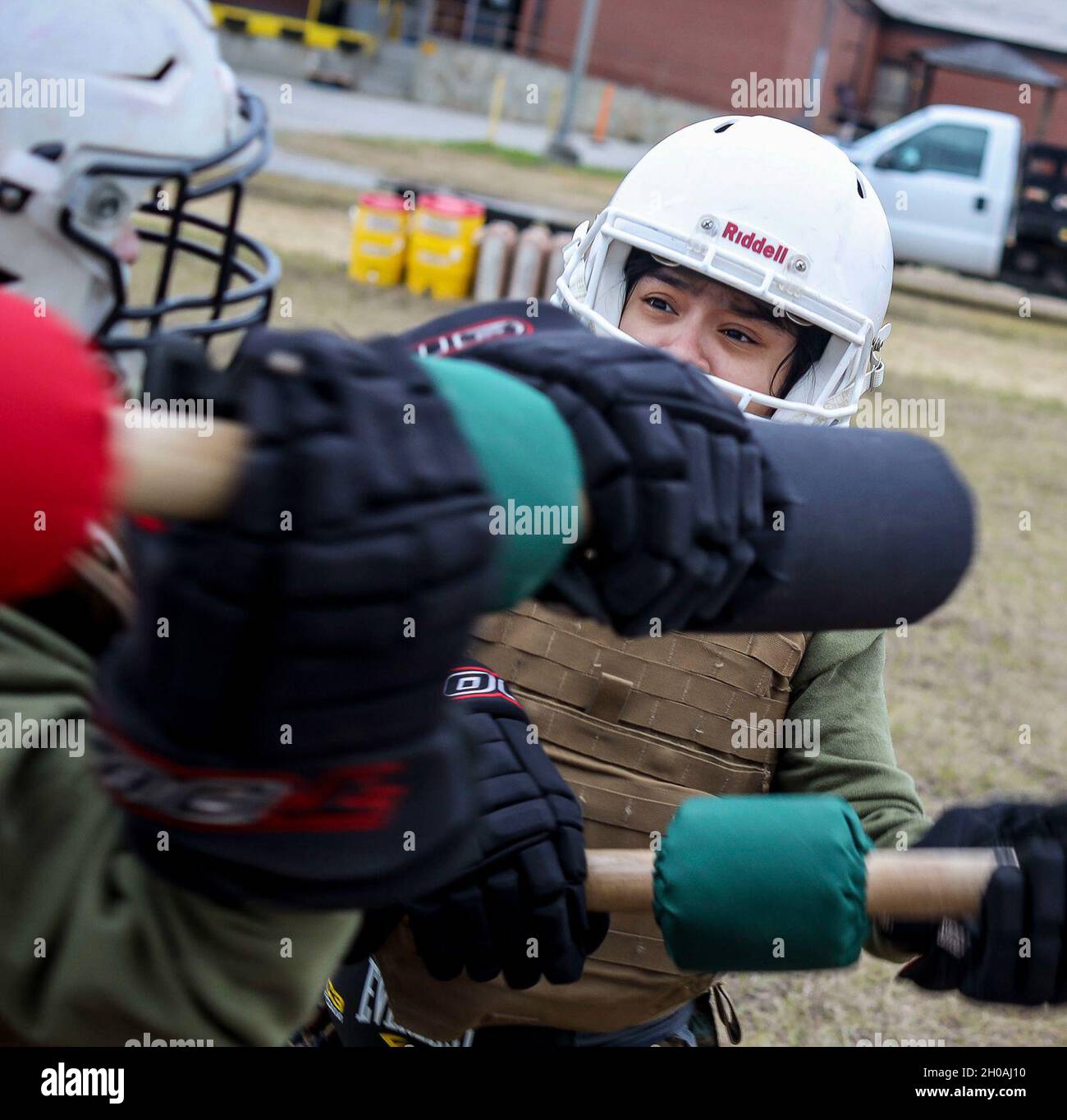 Recruits with Papa Company, 4th Recruit Training Battalion, conduct pugil sticks bouts aboard ...