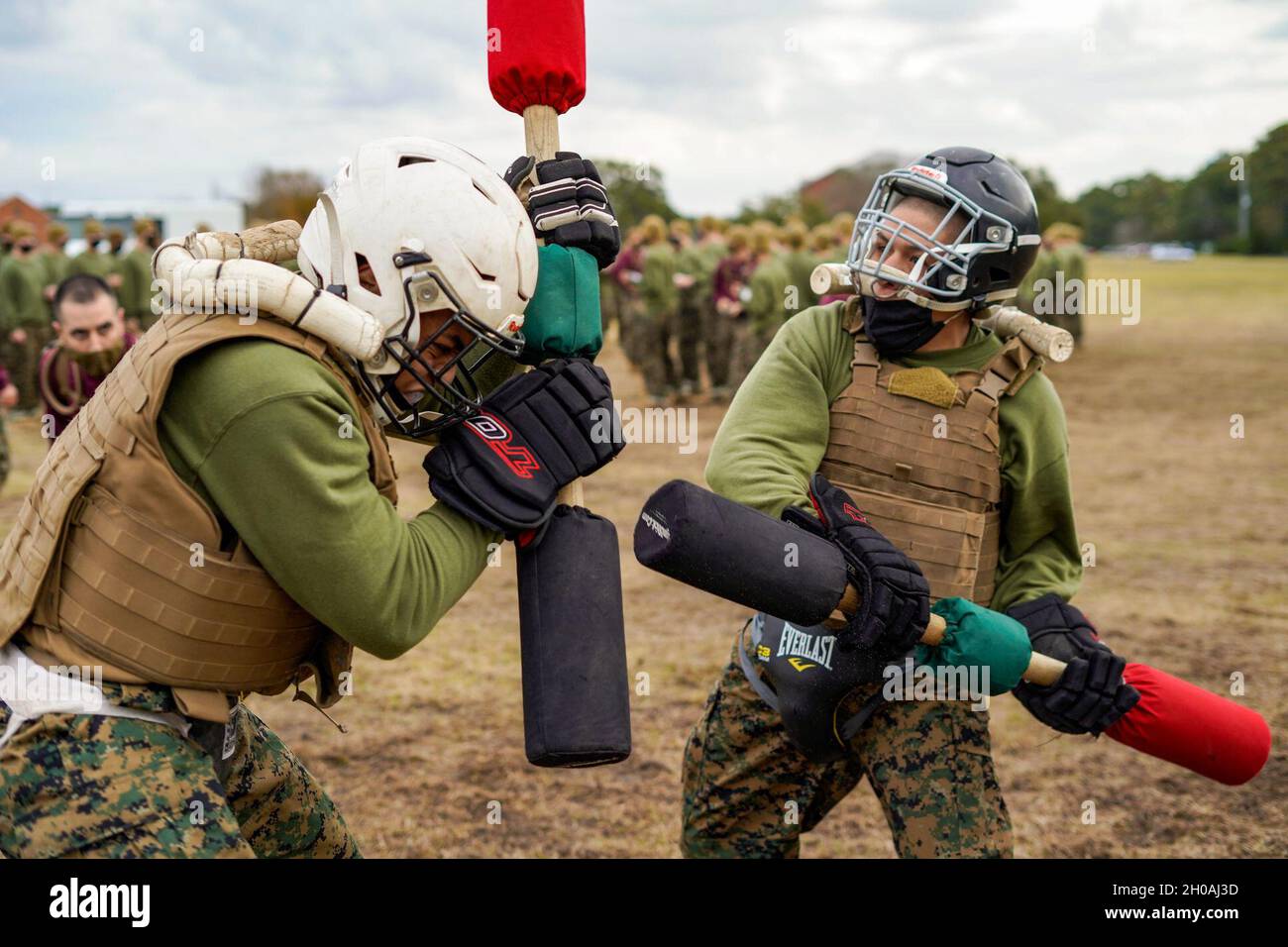 Recruits with Papa Company, 4th Recruit Training Battalion, engage pugil sticks at Marine Corps ...