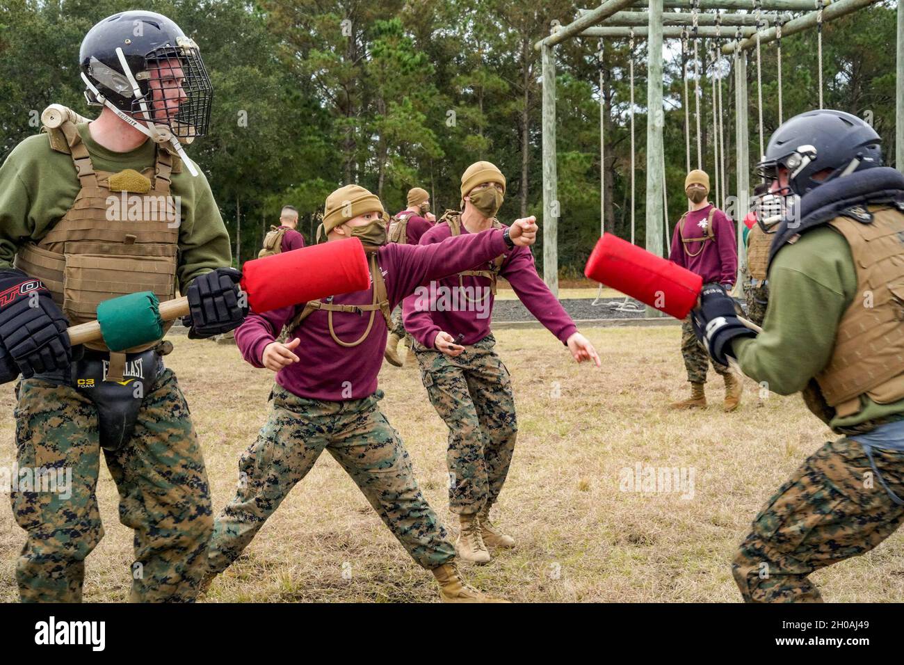 Recruits with Papa Company, 4th Recruit Training Battalion, engage pugil sticks at Marine Corps ...