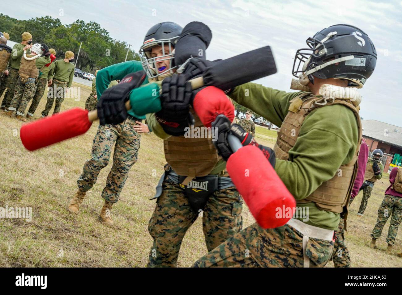 Recruits with Papa Company, 4th Recruit Training Battalion, engage pugil sticks at Marine Corps ...