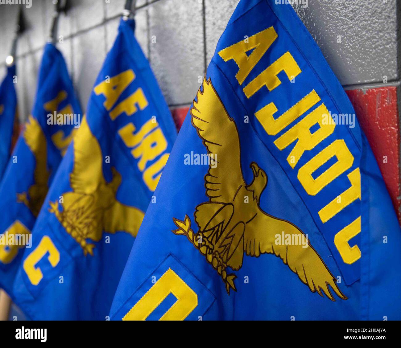 Four Air Force Junior Reserve Officers’ Training Corps guidons stand in ...