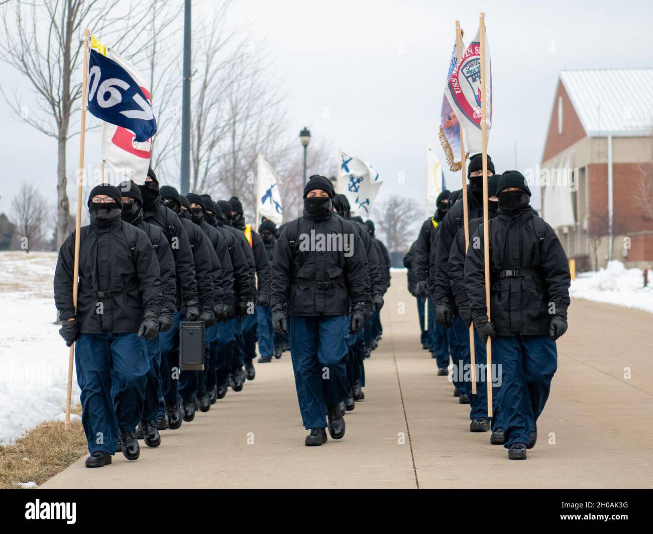 Recruits march in formation at Recruit Training Command, Great Lakes ...
