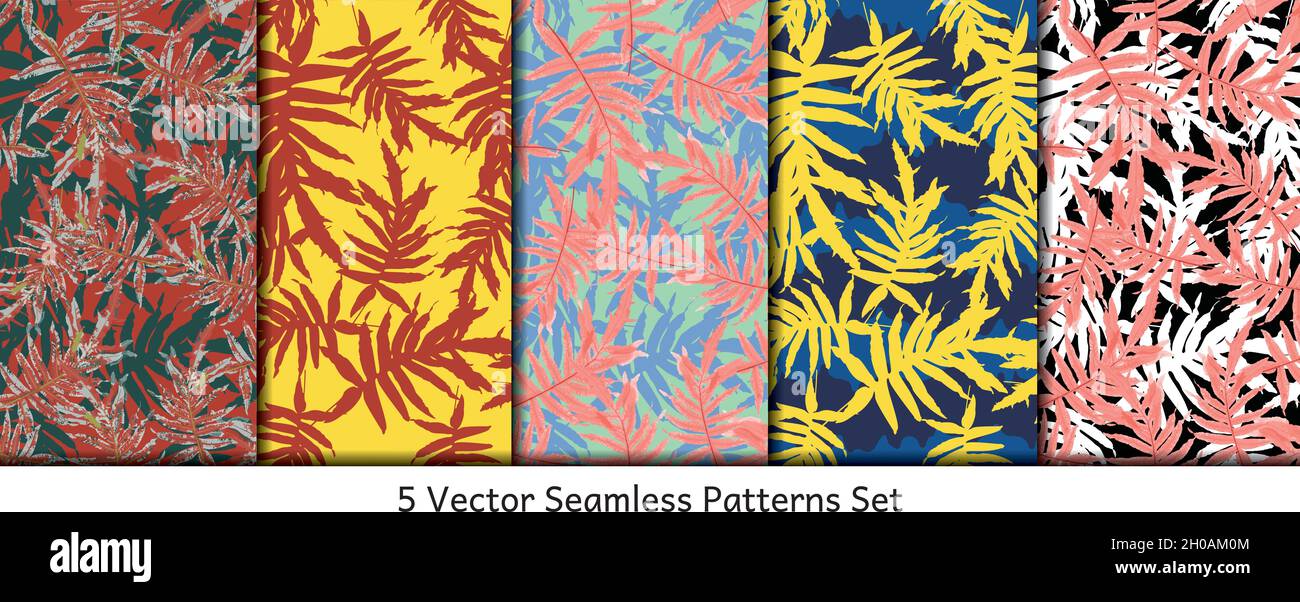 Set of 5 seamless patterns with flat tropical leaves Stock Vector Image ...