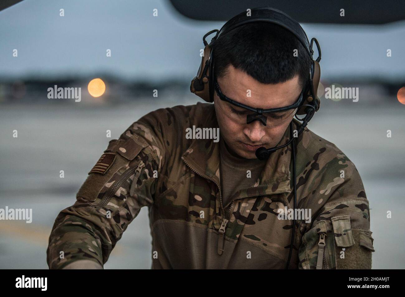 U.S. Air Force Senior Airman Casey Wilson, a flight engineer with the ...
