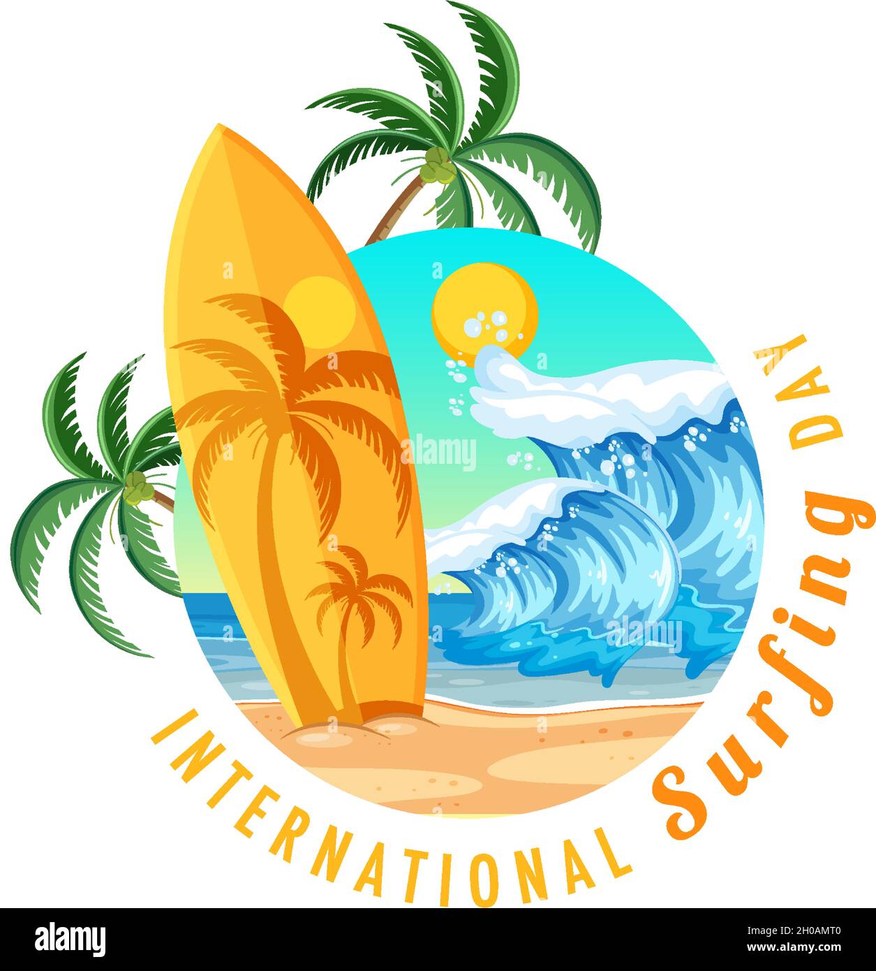 International Surfing Day banner with surfboard on the beach ...