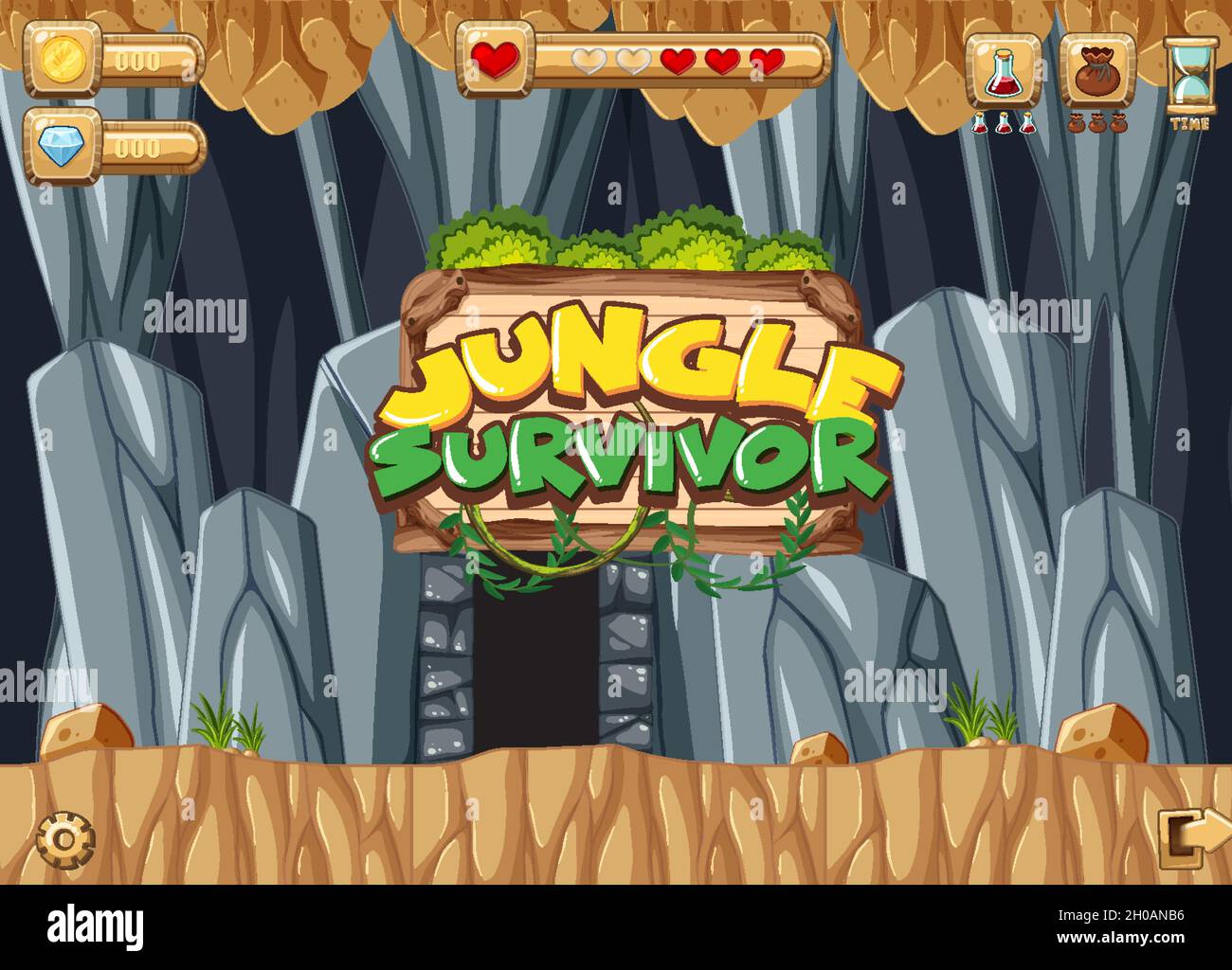 Platformer game template with underground lava theme illustration Stock ...