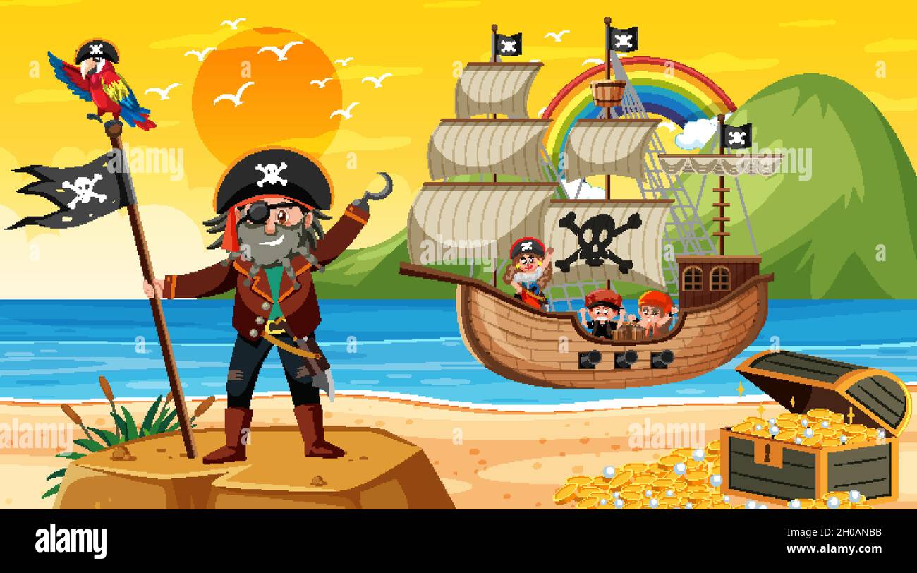 Beach at sunset time scene with pirate kids cartoon character on the ...