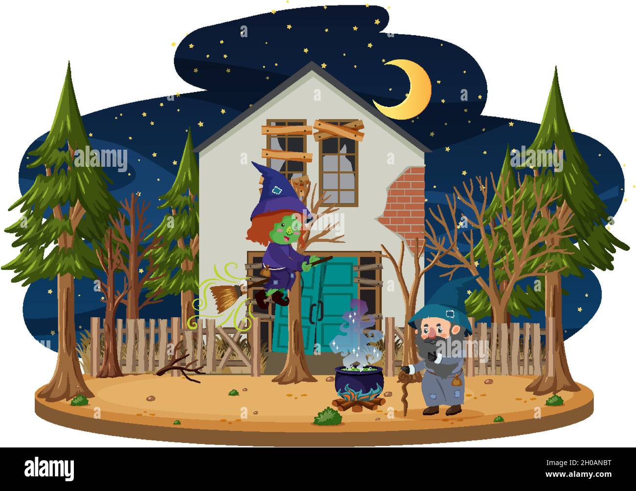 Witch riding a broom in front of haunted house in the woods ...