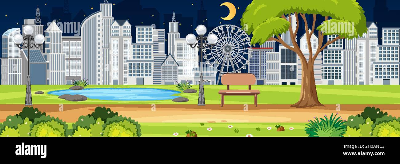 City park at night time horizontal scene illustration Stock Vector ...