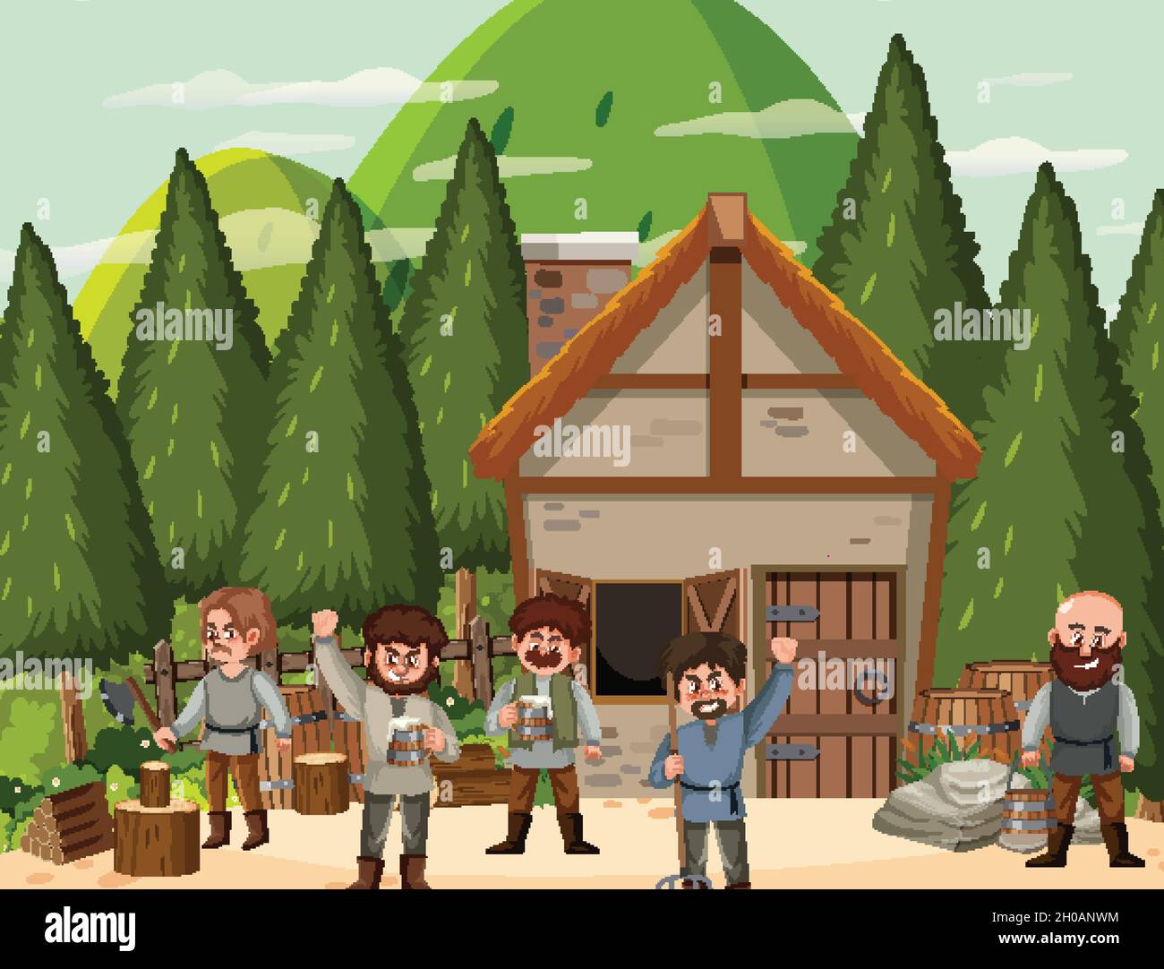 Medieval town scene with villagers illustration Stock Vector Image ...