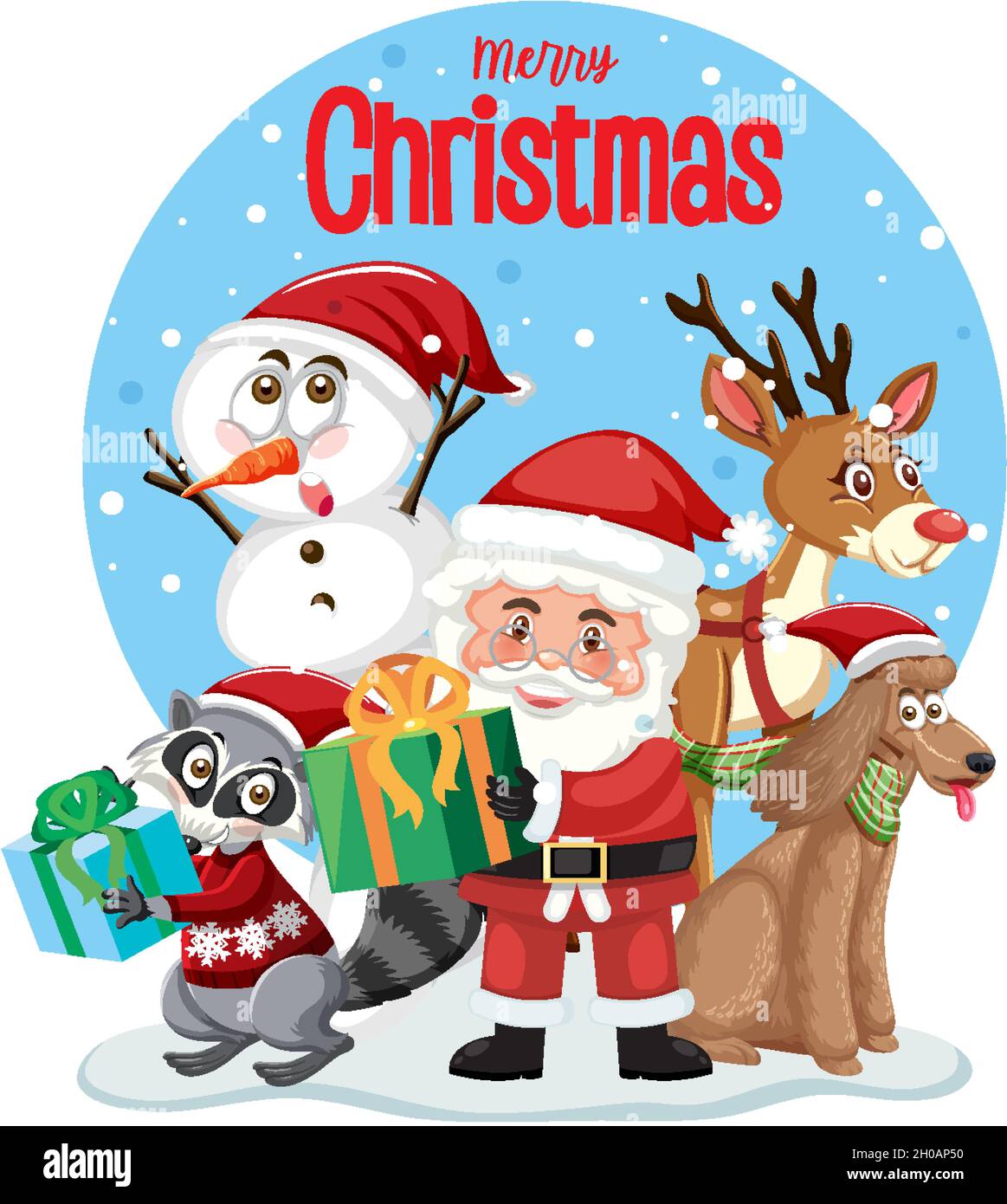 Merry Christmas text logo with Santa Claus and friends illustration ...