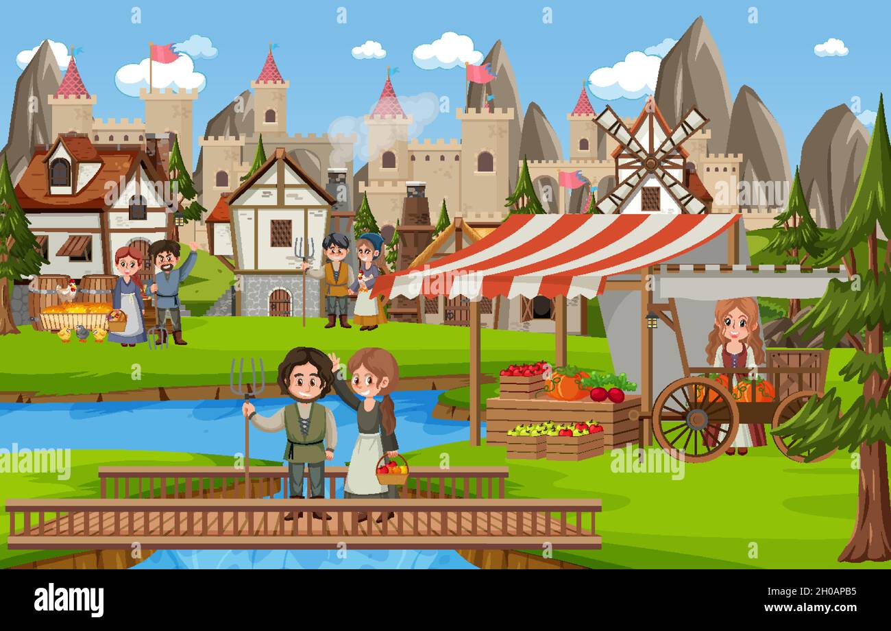 Medieval town scene with villagers illustration Stock Vector Image ...