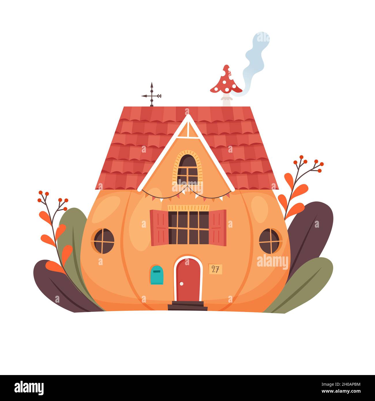 Pumpkin house. Orange pumpkin with roof, windows and door. Cute fantasy ...