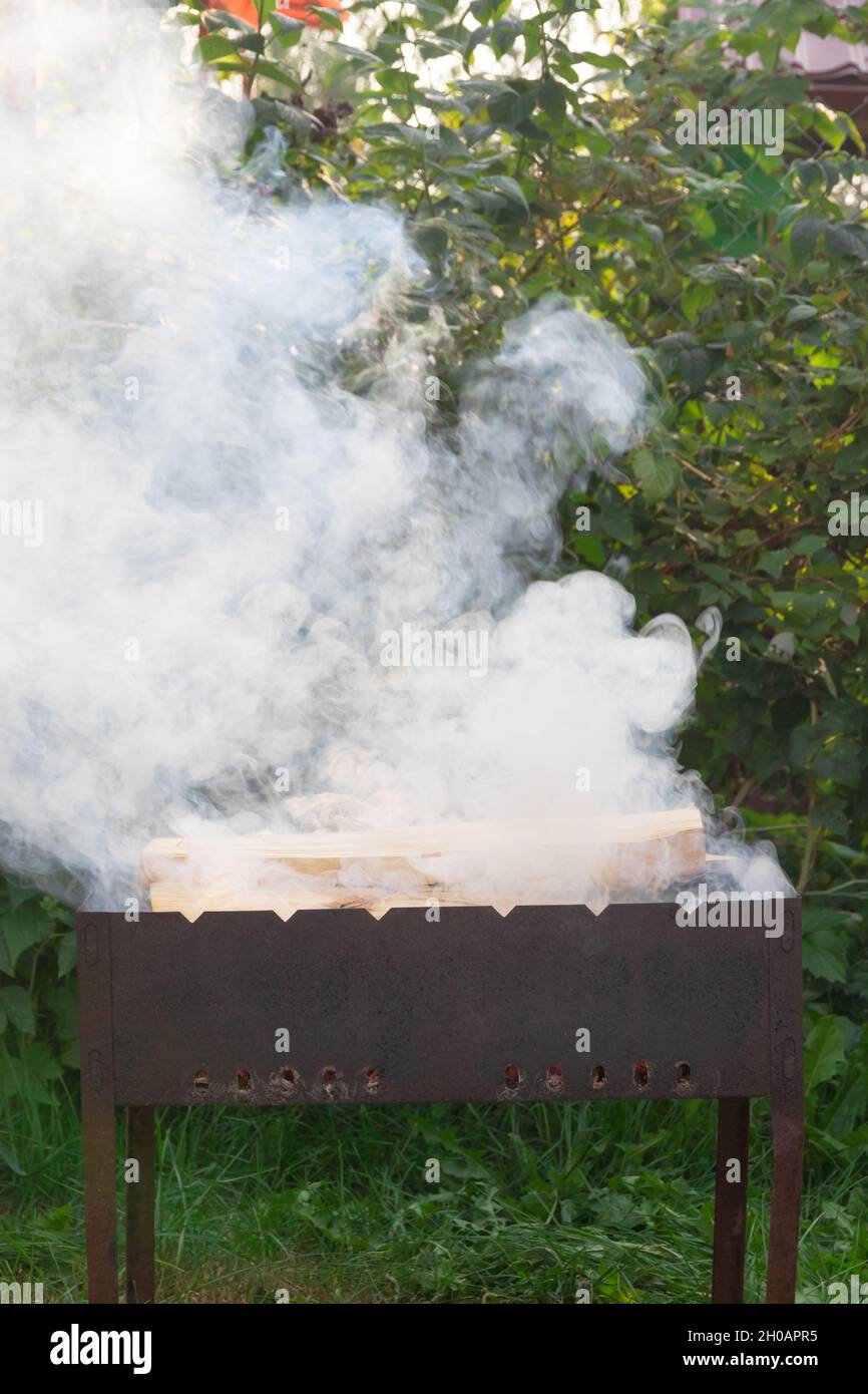 Metal brazier with burning wood in nature. A lot of swirling smoke ...