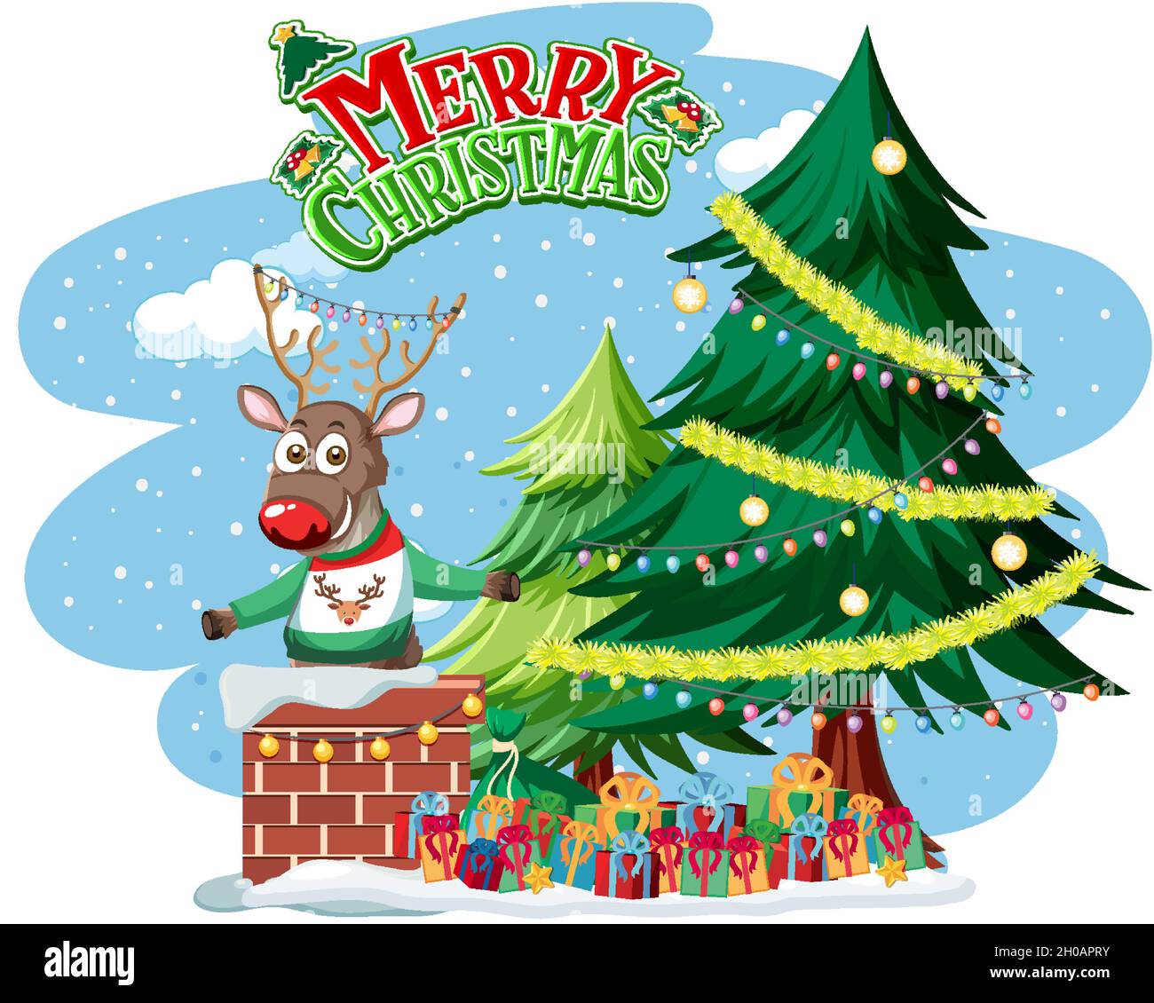 Merry Christmas text logo with Christmas and decorations illustration ...