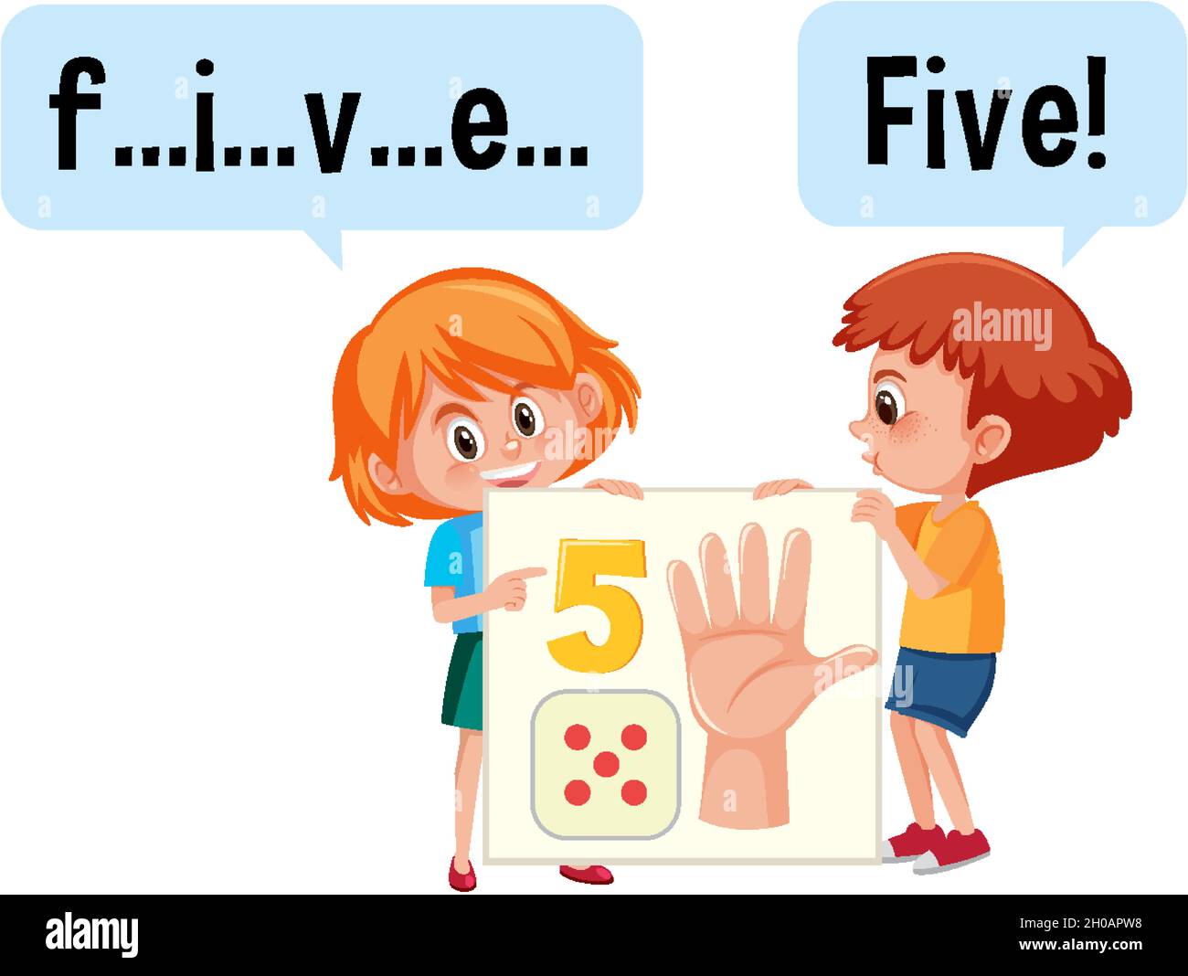 Cartoon character of two kids spelling the number five illustration ...