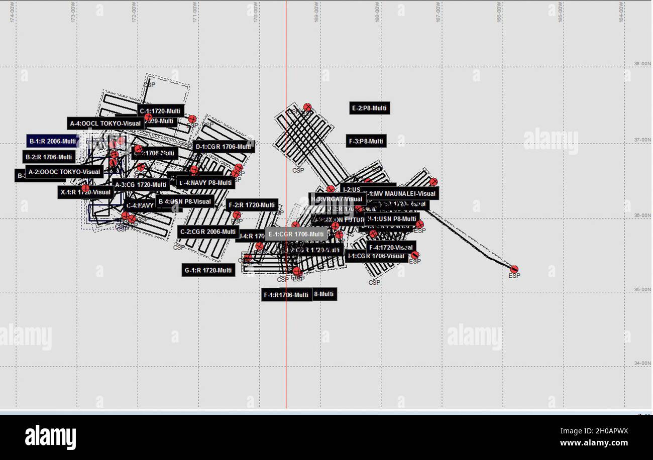 A chart showing the search patterns conducted by Coast Guard, Navy, and ...