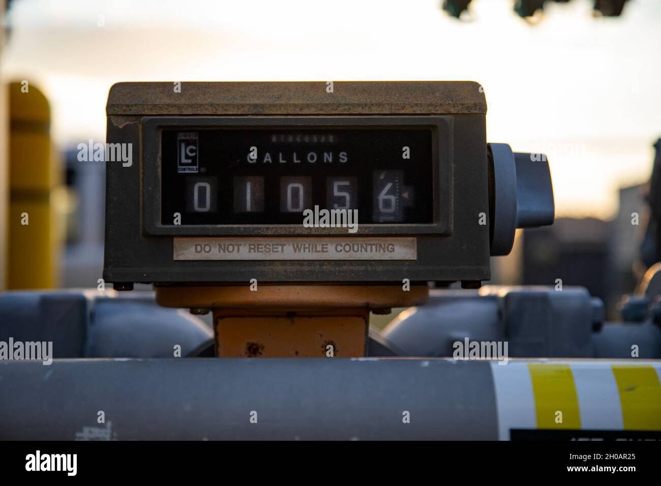 A gas tank meter displays its fuel used at a defense fuel supply point ...