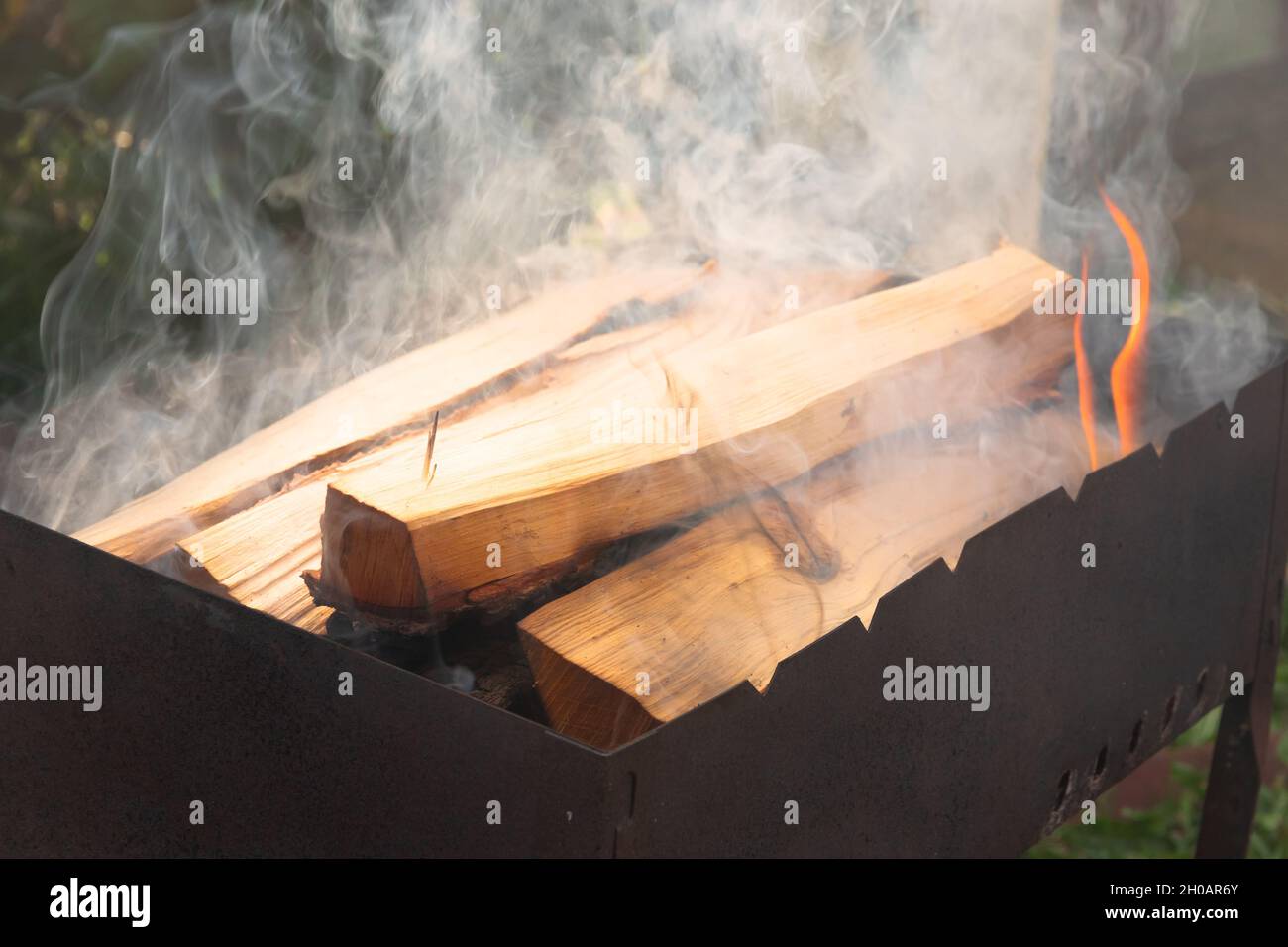 Metal brazier with burning wood in nature. A lot of swirling smoke ...