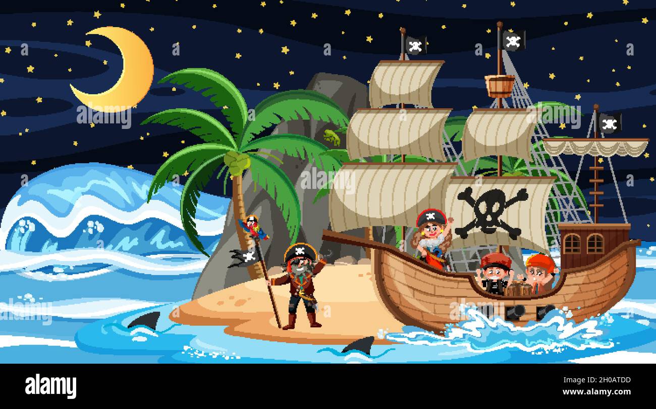 Island with Pirate ship at night scene in cartoon style illustration ...