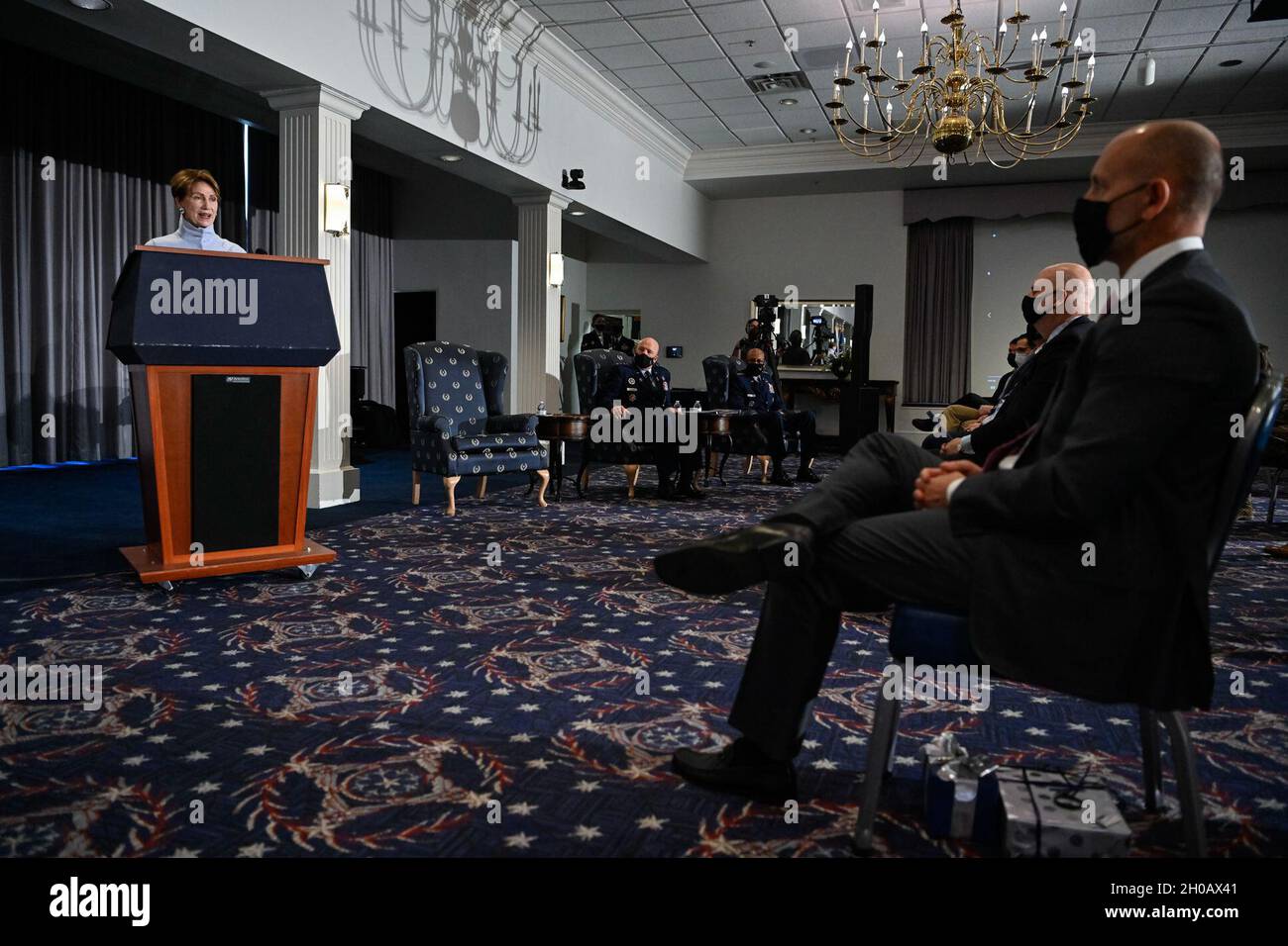 Secretary of the Air Force Barbara M. Barrett delivers remarks during ...
