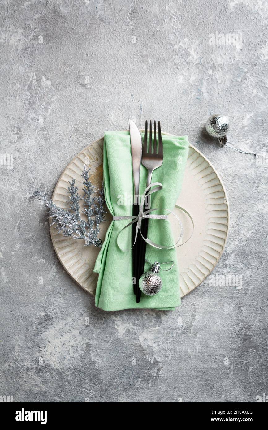 Christmas table detail plate with decorations top view Stock Photo - Alamy