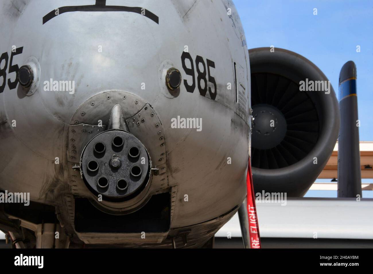 A close up of an A-10 Thunderbolt II’S 30mm Gatling gun at Davis ...