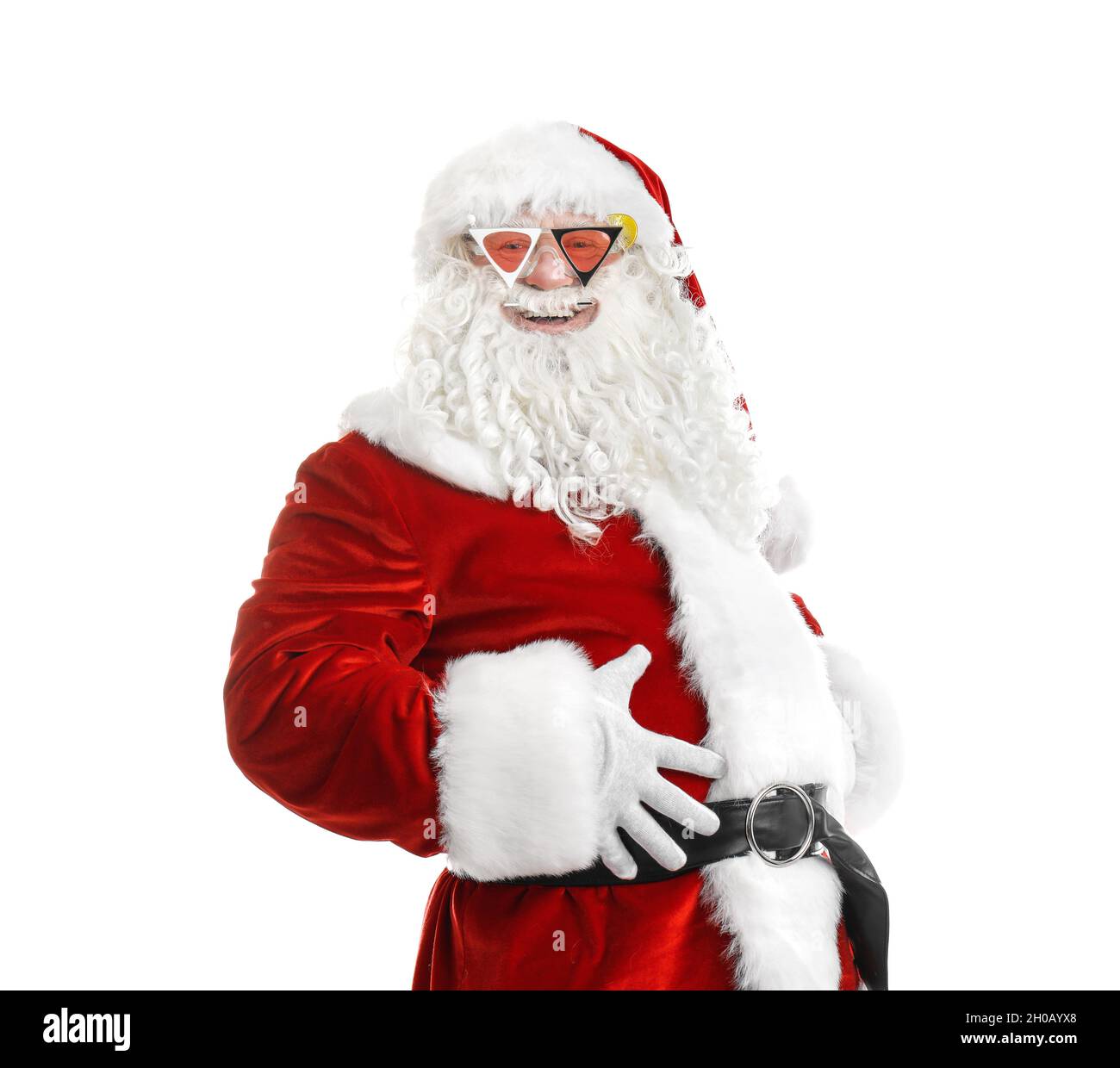 Authentic Santa Claus wearing funky sunglasses on white background ...