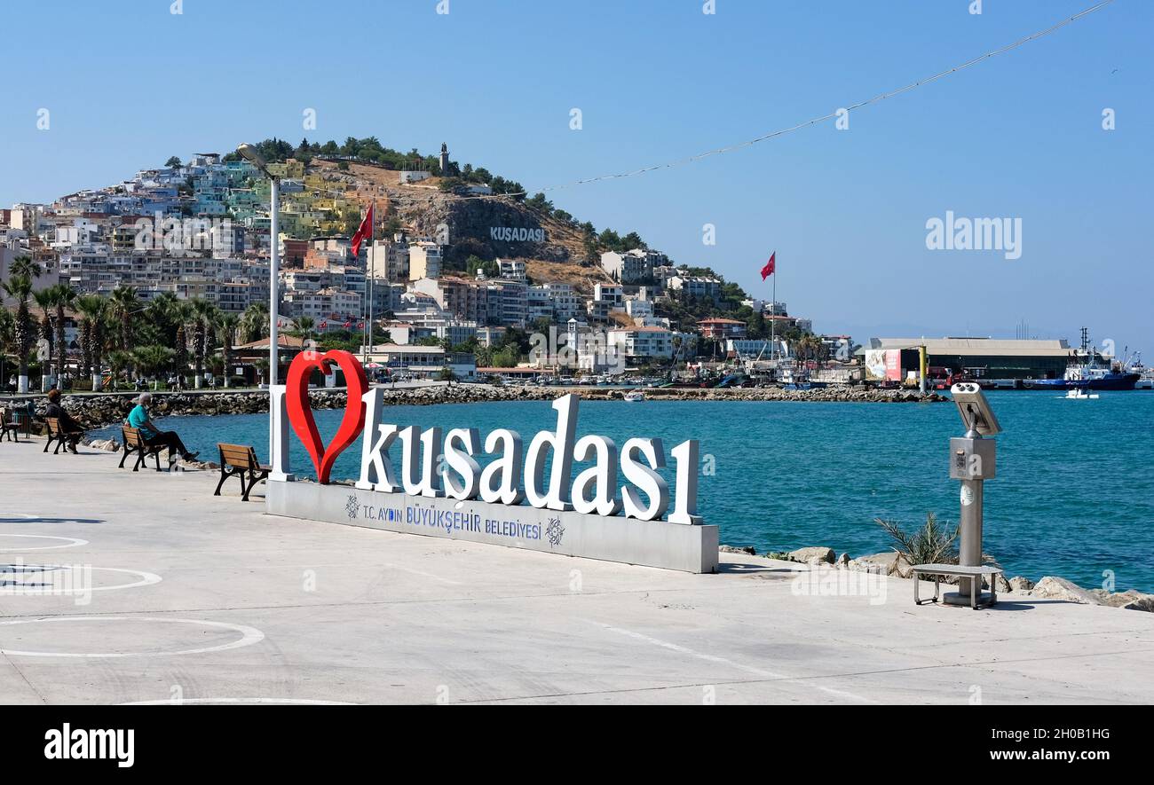 Kusadasi, Turkey. 22nd Sep, 2021. The boardwalk at City Beach with the ...