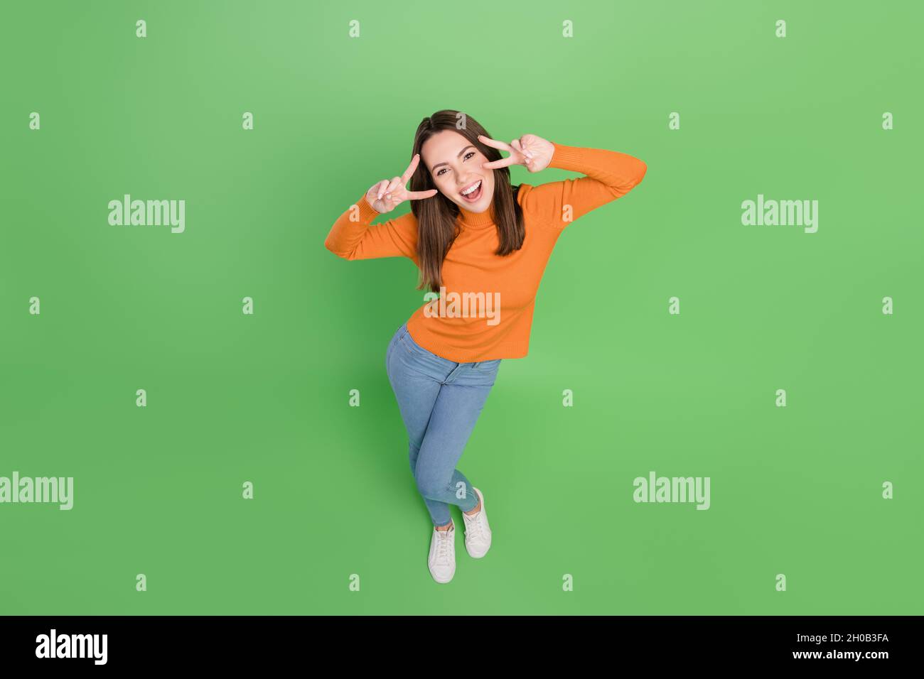 Top above high angle full length body size view of attractive cheerful ...