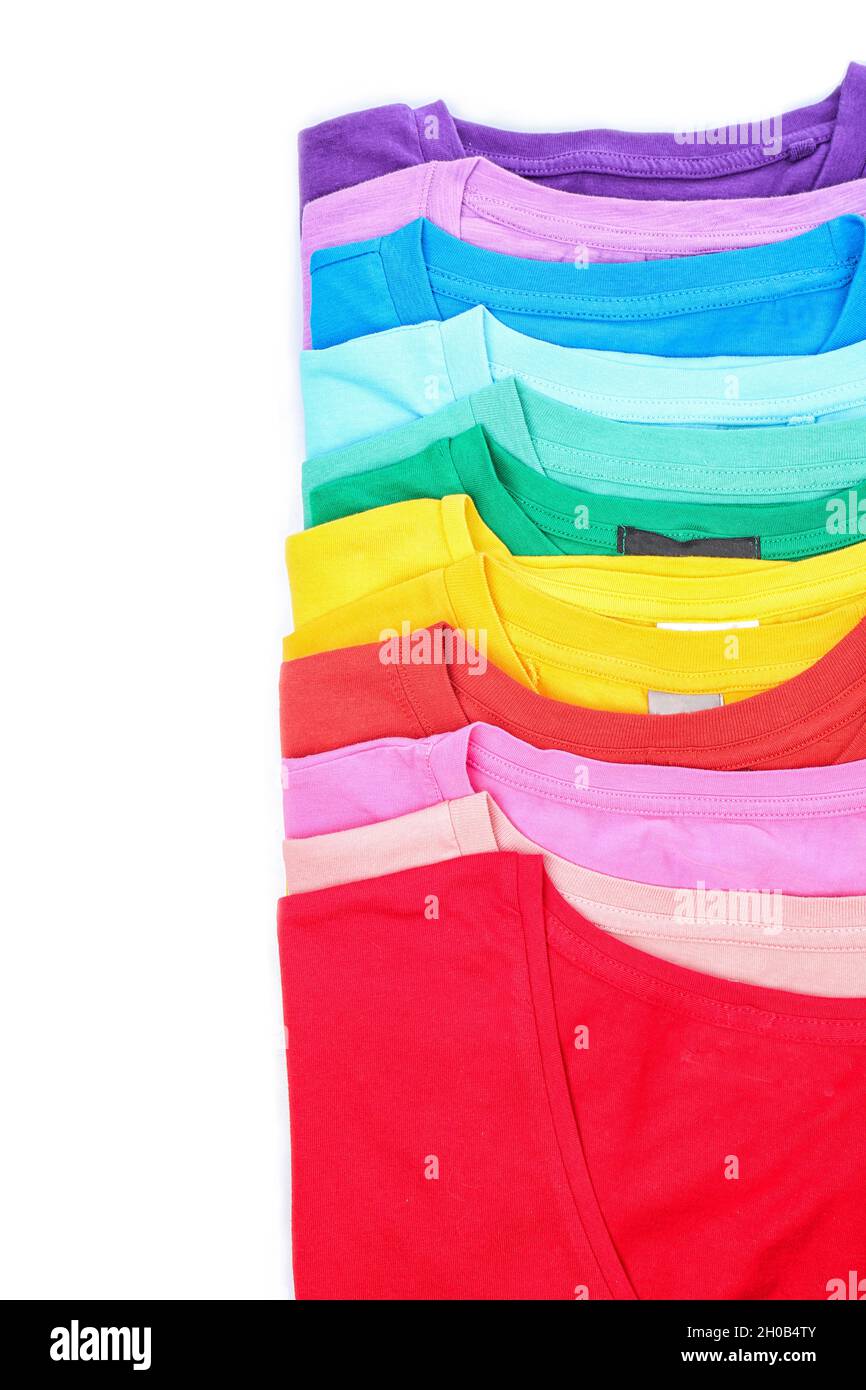Colorful collection of t-shirts on white background Stock Photo - Alamy