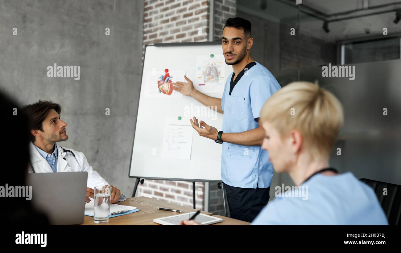 Middle-eastern doctor making presentation for colleagues at clinic ...